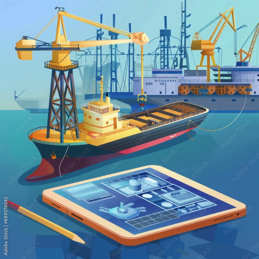 Nautical Blueprint: Cartoon-Style Tablet Lying with Shipbuilding ...