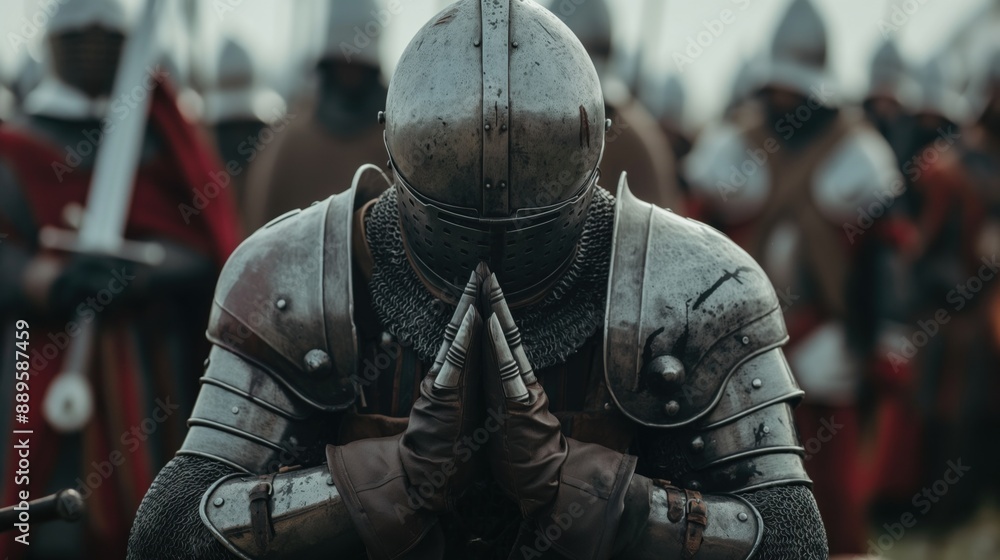 Knight kneeling in prayer before a battle, with a solemn expression ...