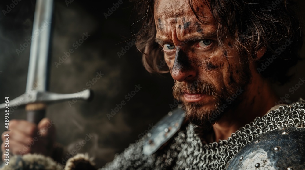 medieval warrior with a fierce expression, dressed in chainmail and ...