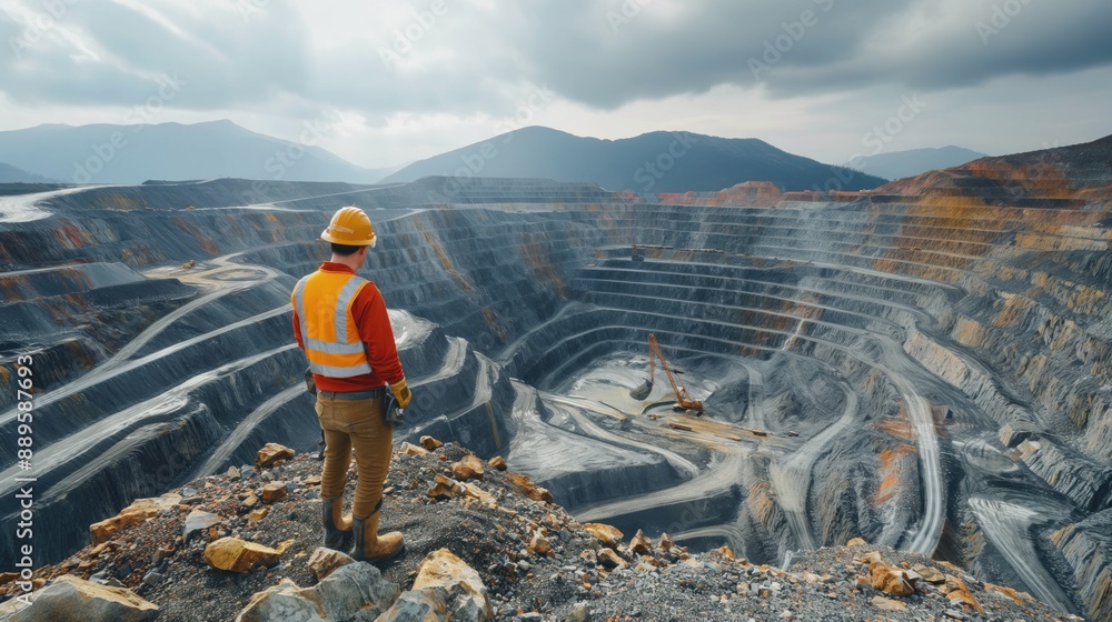 Mining engineer inspecting massive open-pit mine, overseeing the ...