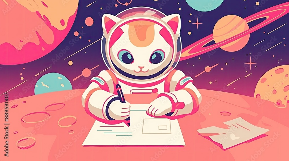 Cute cat in astronaut suit writing on paper, vector illustration for t ...