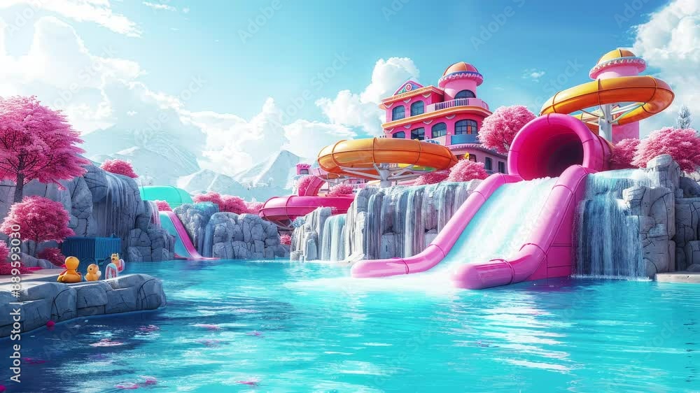 Vibrant Waterpark with Colorful Water Slides creating festive and ...