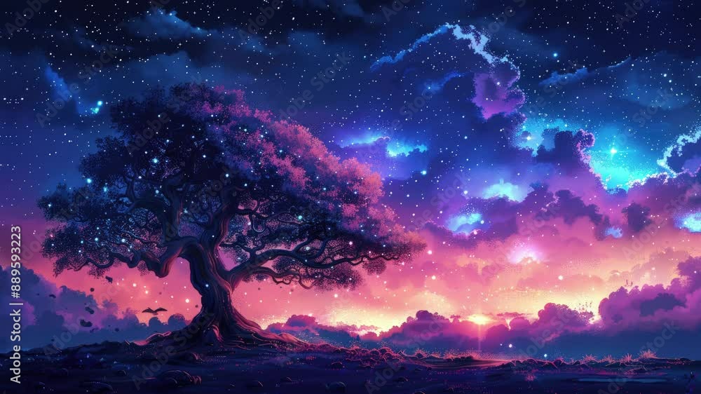 Delightful Cartoon Night Sky big tree whimsy and wonder designs ...