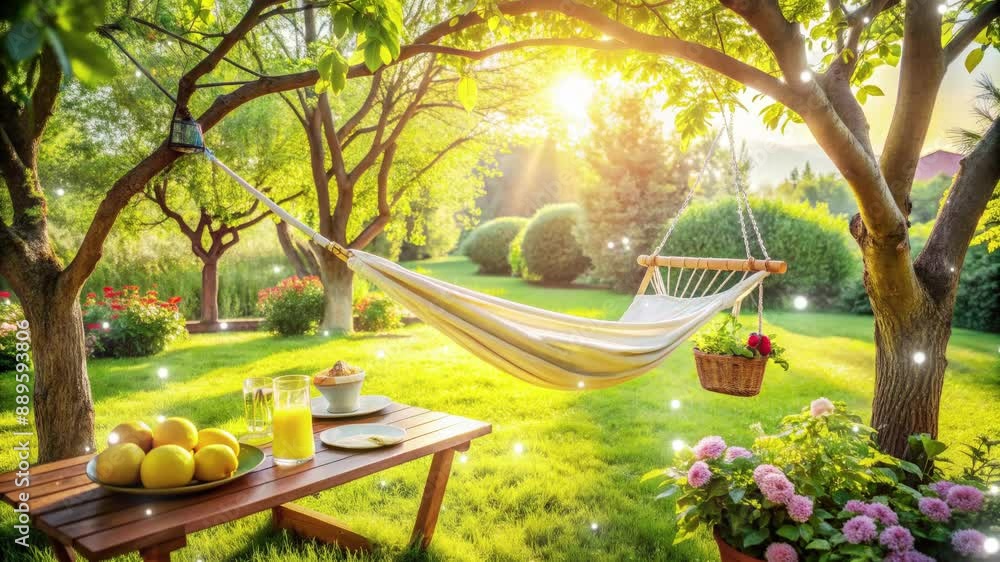Summer in Garden with Hammock and Lemonade Enjoy warm summer breeze ...