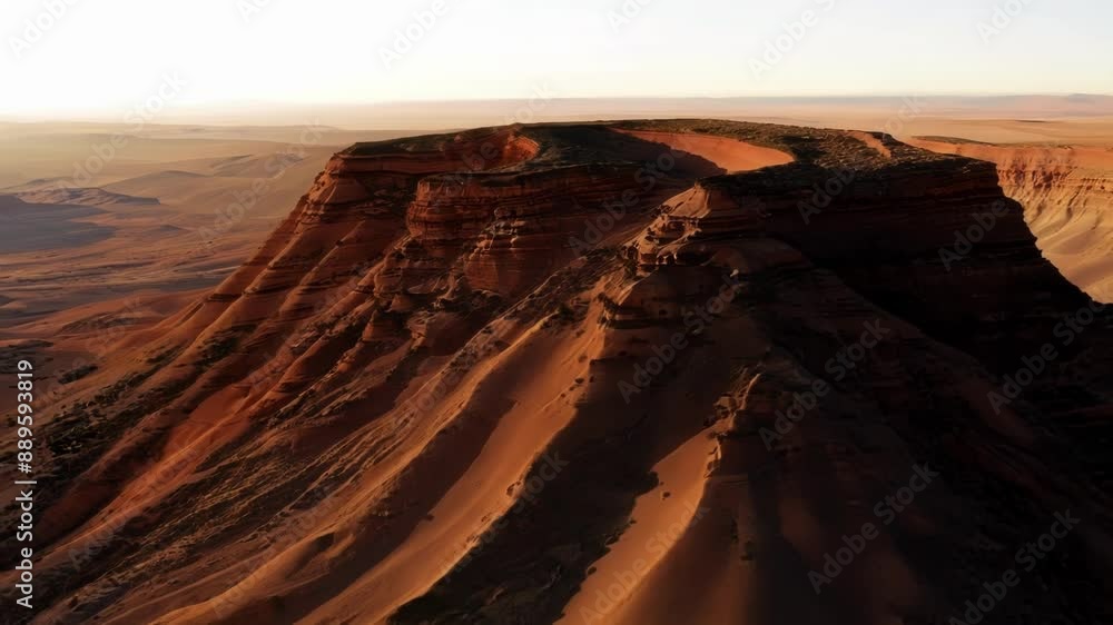 Fly over of a majestic mesa with its rugged edges and subtle desert ...