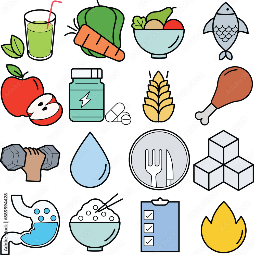 Nutrition Icons, Containing food, vegetables, water, meal planning ...