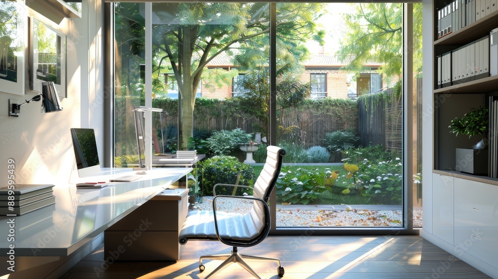 A chic home office with a minimalist desk, ergonomic chair, and large ...