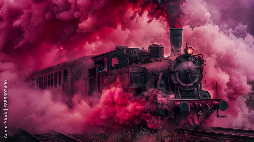 An old-fashioned steam-driven train amid crimson smoke. railroad with ...
