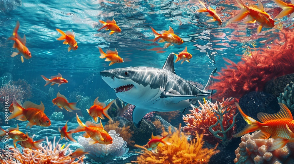 A captivating underwater scene with a shark surrounded by vibrant ...