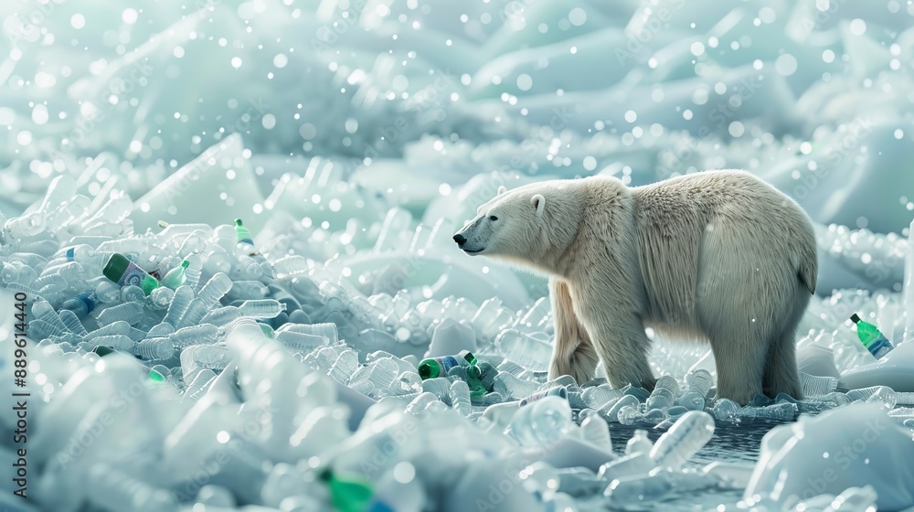 Amidst an arctic scene, a polar bear is surrounded by plastic debris ...