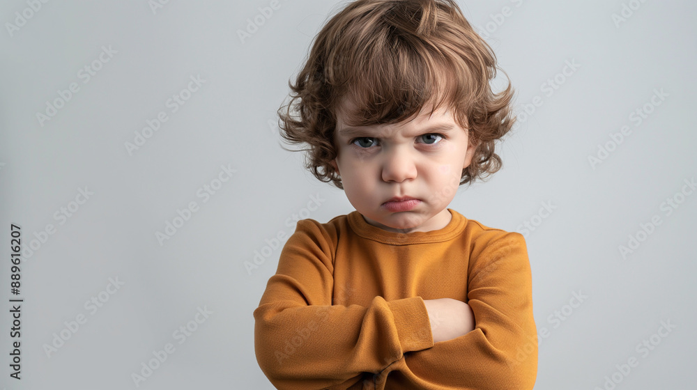 Frustrated young boy with arms folded, staring angrily at the camera in ...