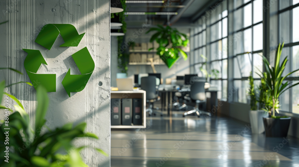 Modern office interior with green recycling sign on the wall and plants ...