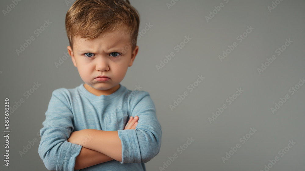 Mad male kid, arms crossed and eyes glaring, with an annoyed expression ...