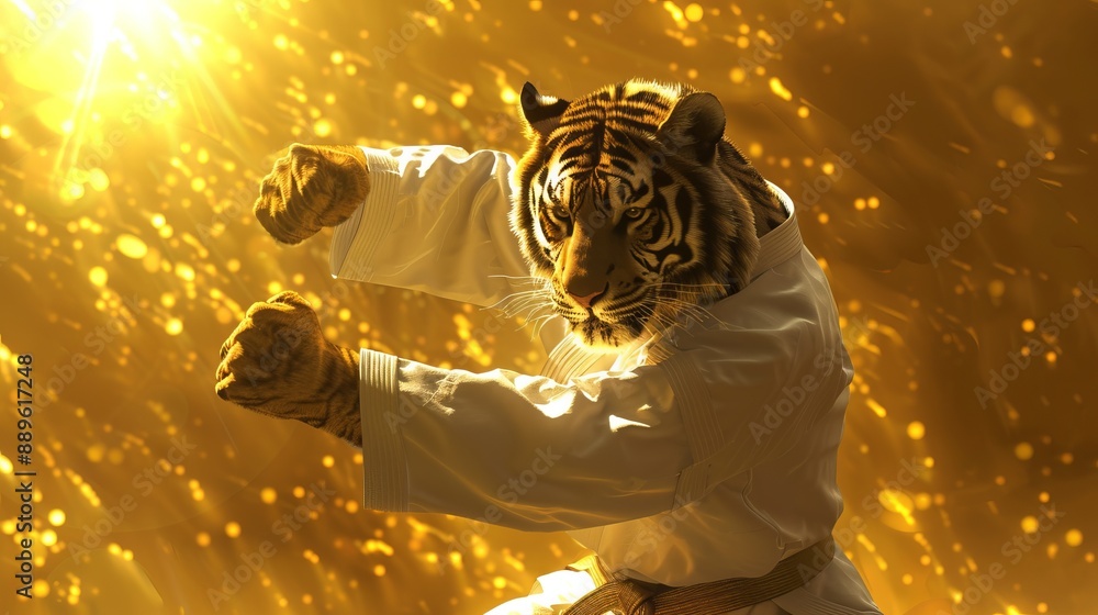 A fierce tiger dressed in karate attire is shown in a strong martial ...