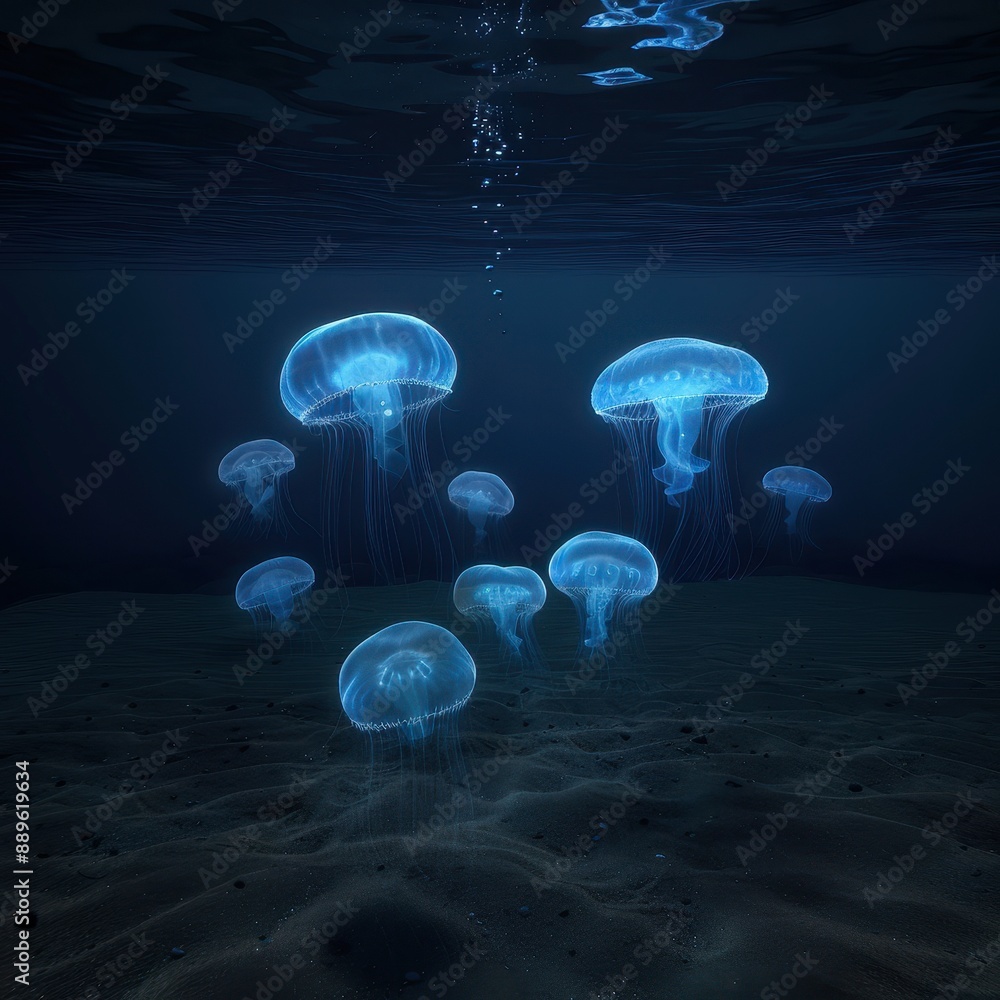 Alien ocean world with bioluminescent sea life, mysterious and exotic ...
