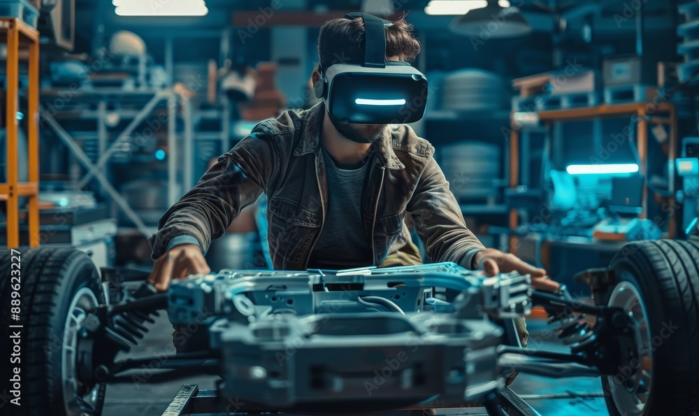 Automotive Engineer Working on Electric Car Chassis, Using Augmented ...