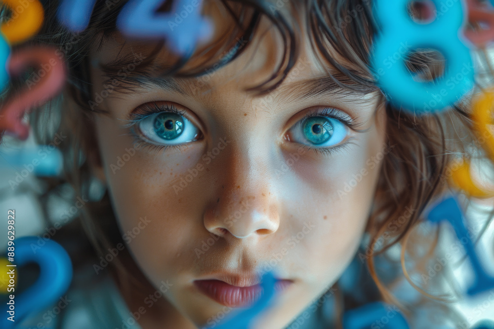 Little kid and many numbers around. Child has difficulties with math ...