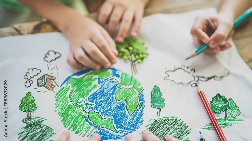 Child drawing outlines sustainability ecology save environment concept ...