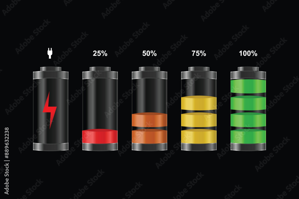Set of realistic battery charge indicators with low and high energy ...