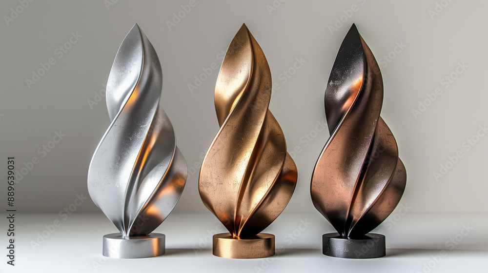 Gold, silver and bronze metal trophy. First, second and third place ...