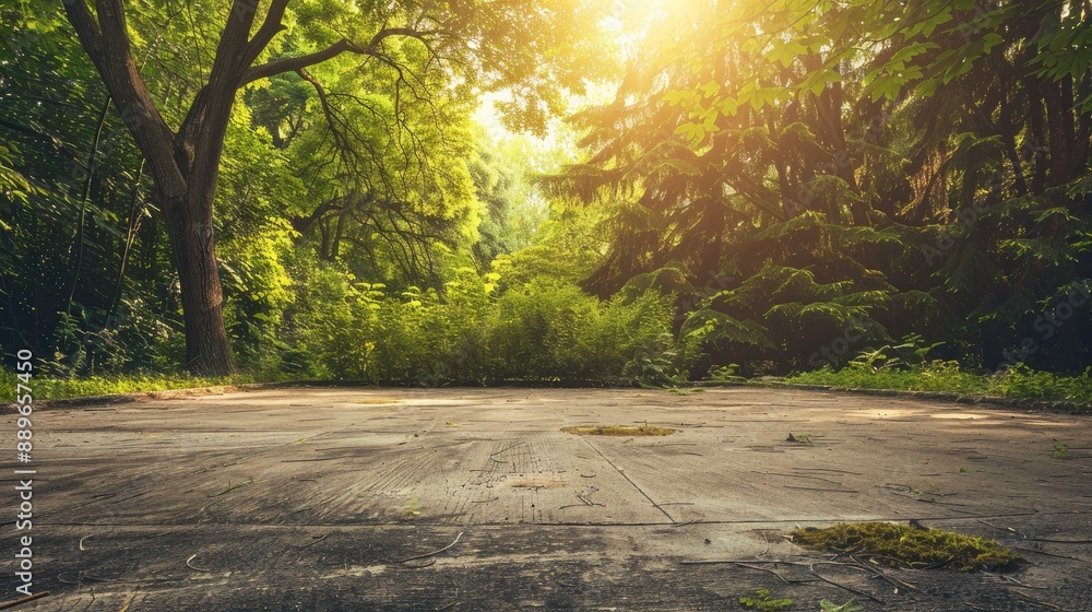 Old fashioned picture of vacant cement ground with green woods and ...