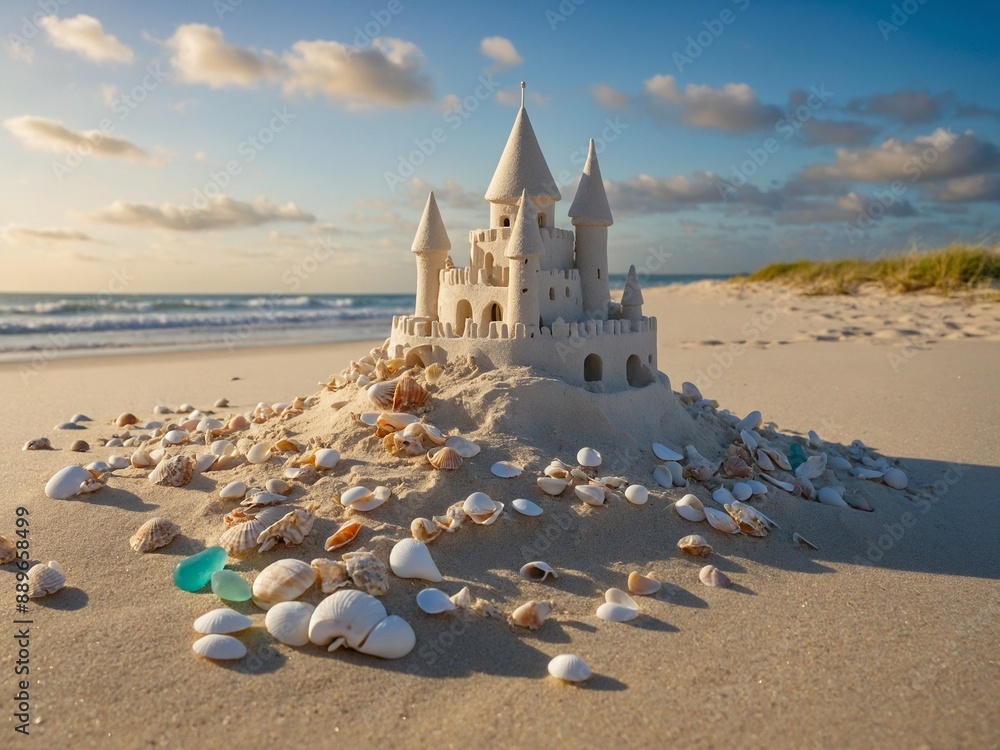 Amidst sun-kissed beach, meticulously crafted sandcastle stands tall ...