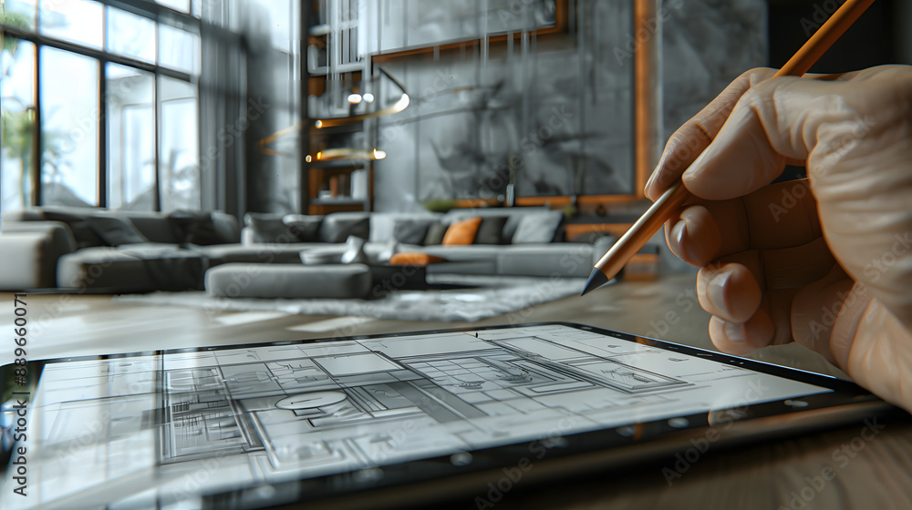 An interior designer's hand is drawing a sketch on a tablet using ...