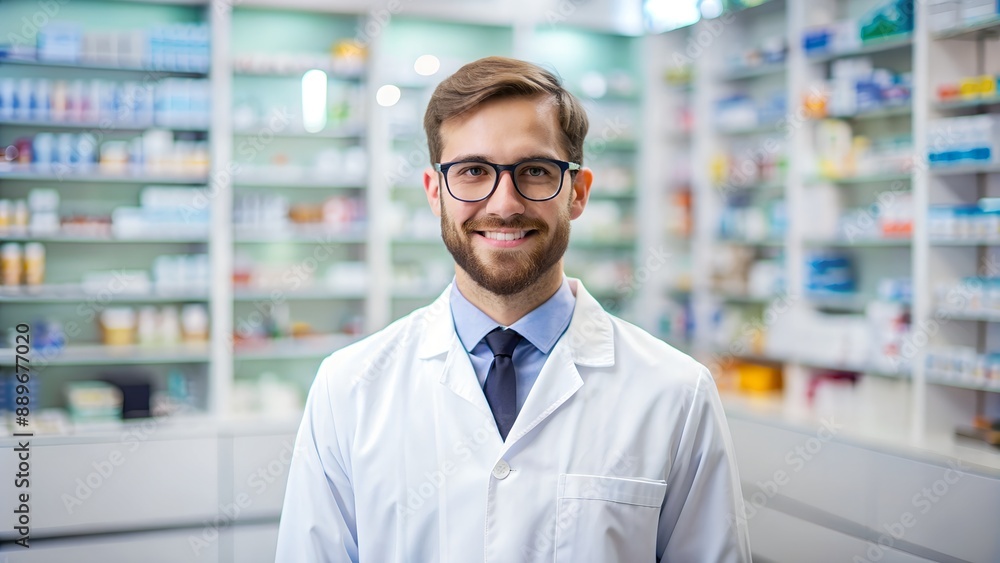 Caucasian pharmacy shop employee standing in front of the pharmacy ...
