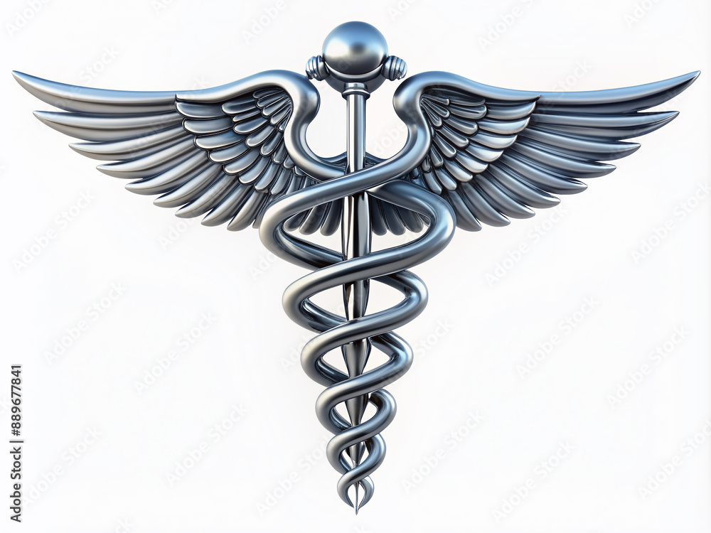 Highly detailed silver caduceus symbol isolated on pure white ...
