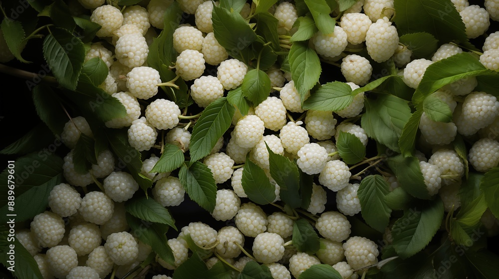 White mulberries with green leaves background. The berries are ripe and ...
