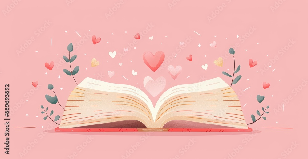 Valentine's day background vector illustration with open book and heart ...
