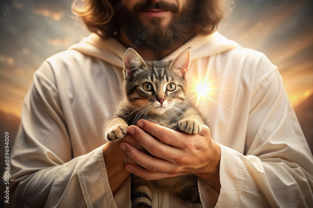 Gentle divine light surrounds a serene cat cradled in Jesus Christ's hands, conveying compassion ...