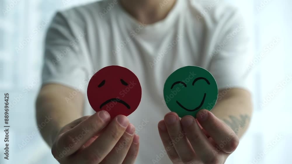 Two emoticons in the hands of a young man. Red and Green smileys show ...