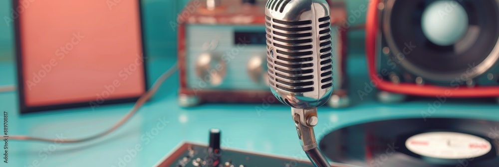 A vintage microphone sits on a pastel blue surface, its chrome finish ...