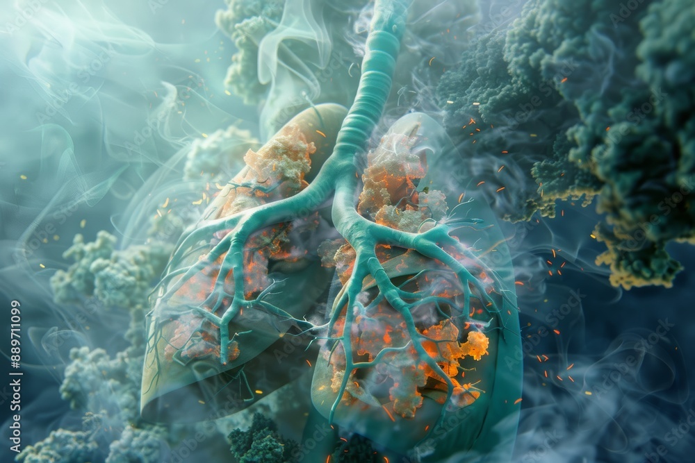 Detailed Medical Illustration of Smoking Effects on Lung Alveoli for ...