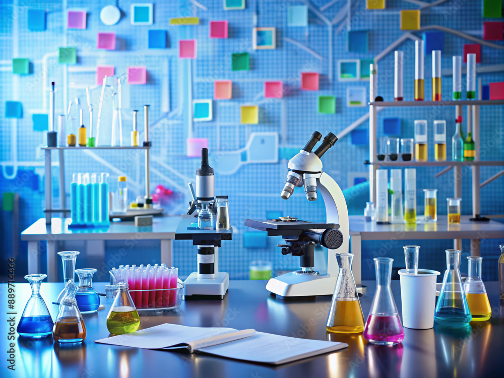 Laboratory setup with microscopes, petri dishes, test tubes, and ...