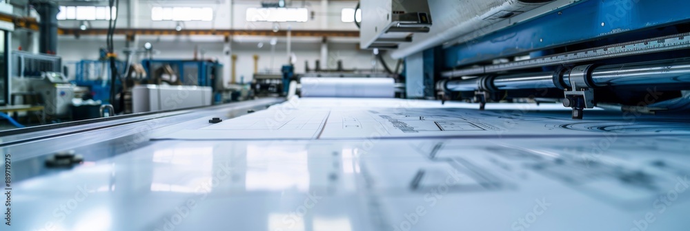 A large-scale industrial printer produces large blueprints in a modern ...