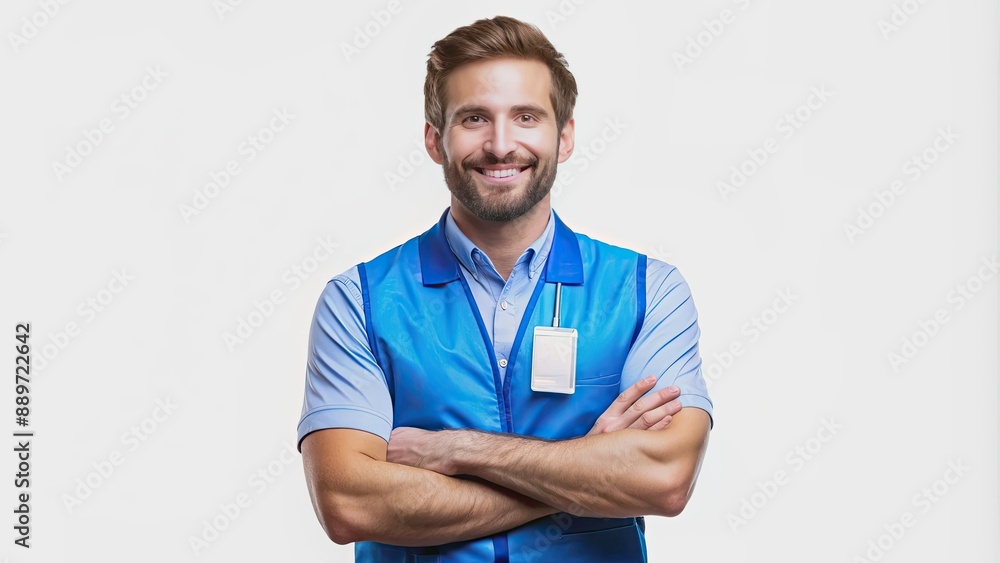 Friendly grocery store employee wearing a bright blue vest and name tag ...