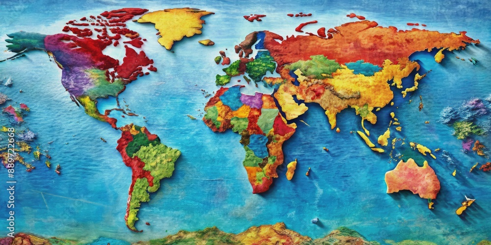 Vibrant colorful world map showcases continents, countries, oceans, and ...