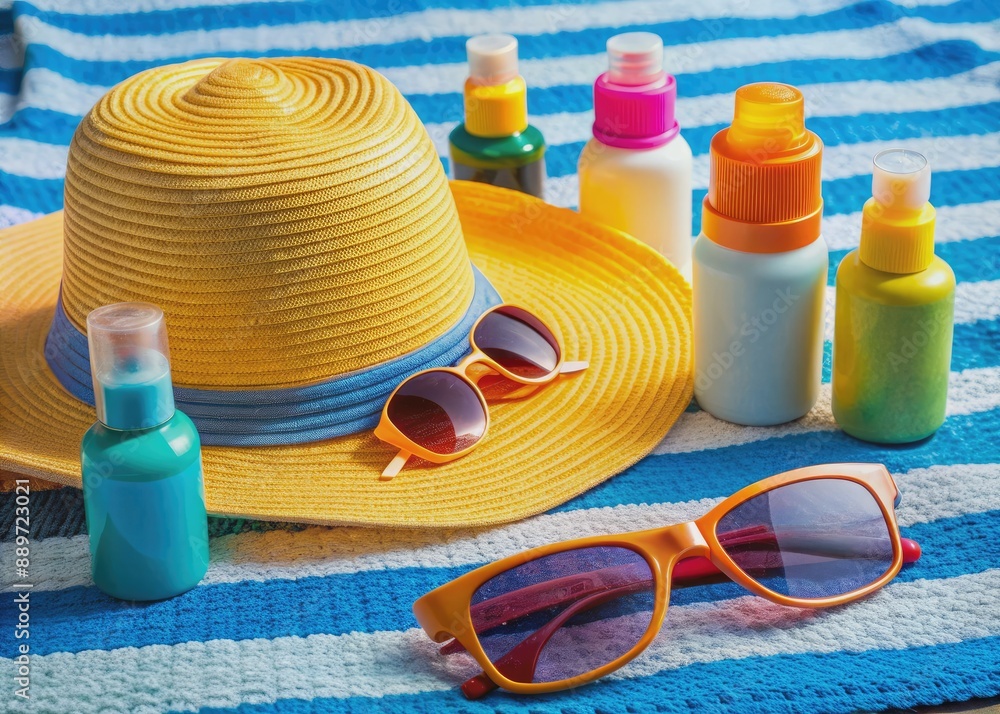 A colorful and informative visual aids a sun hat, sunglasses, and ...