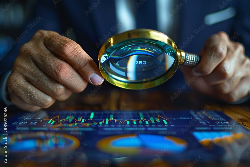 close-up shot of a business executive holding a magnifying glass over a ...