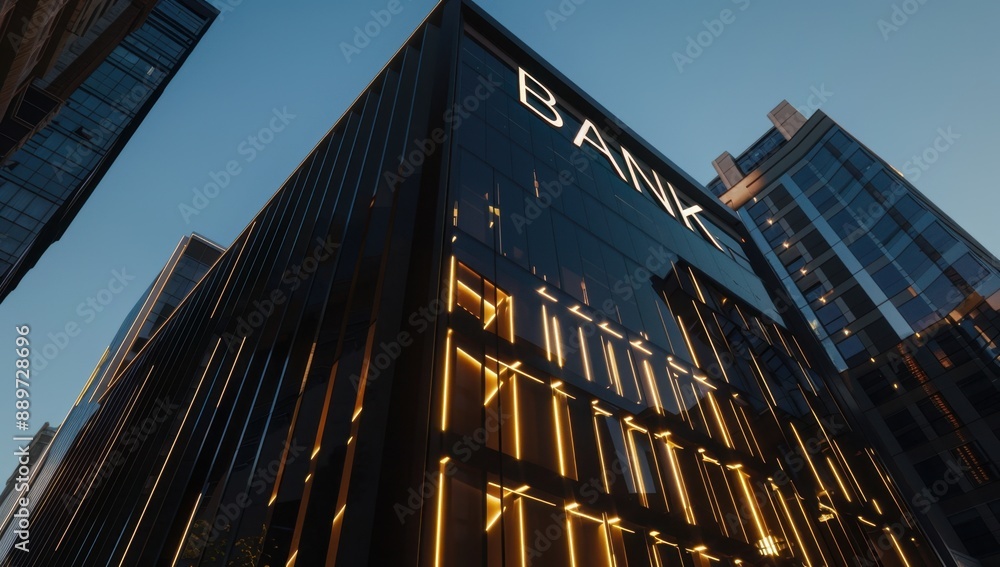 A sleek black bank building with the word "BANK" written on it in white ...