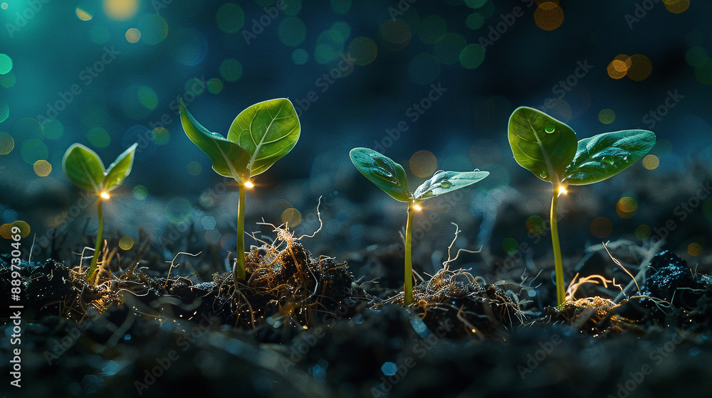 Young plants with luminous roots growing in the soil symbolize the ...