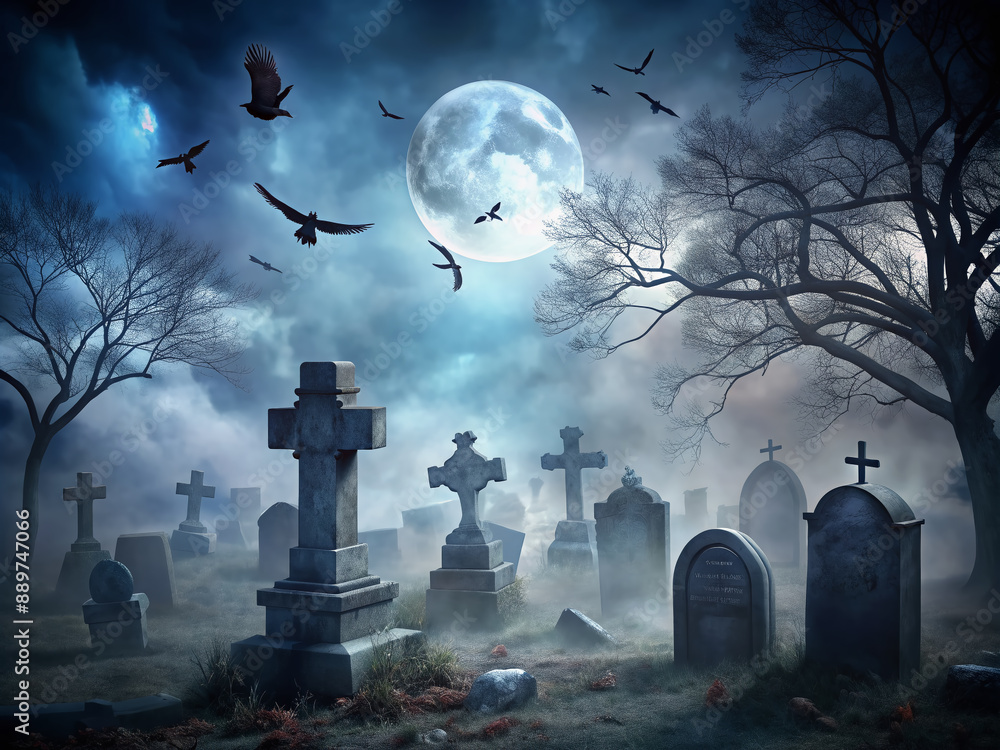 Spooky cemetery scene at night with a worn tombstone, eerie fog, and ...
