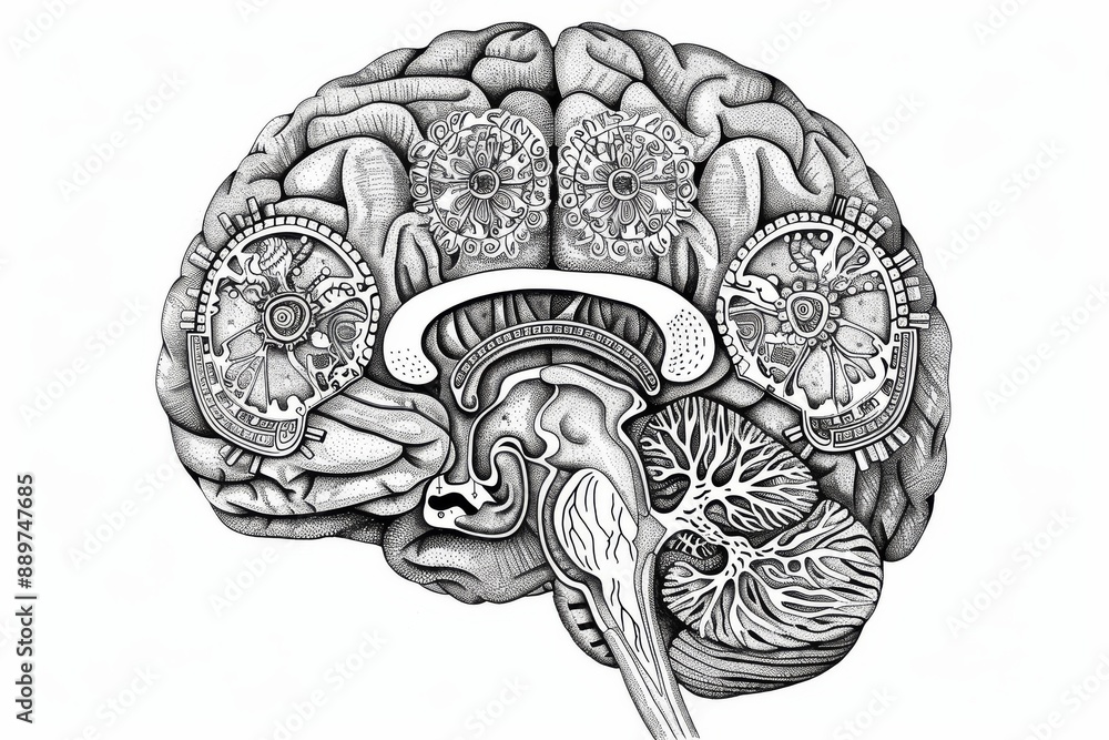 Intricate black and white anatomical drawing of the brain featuring ...