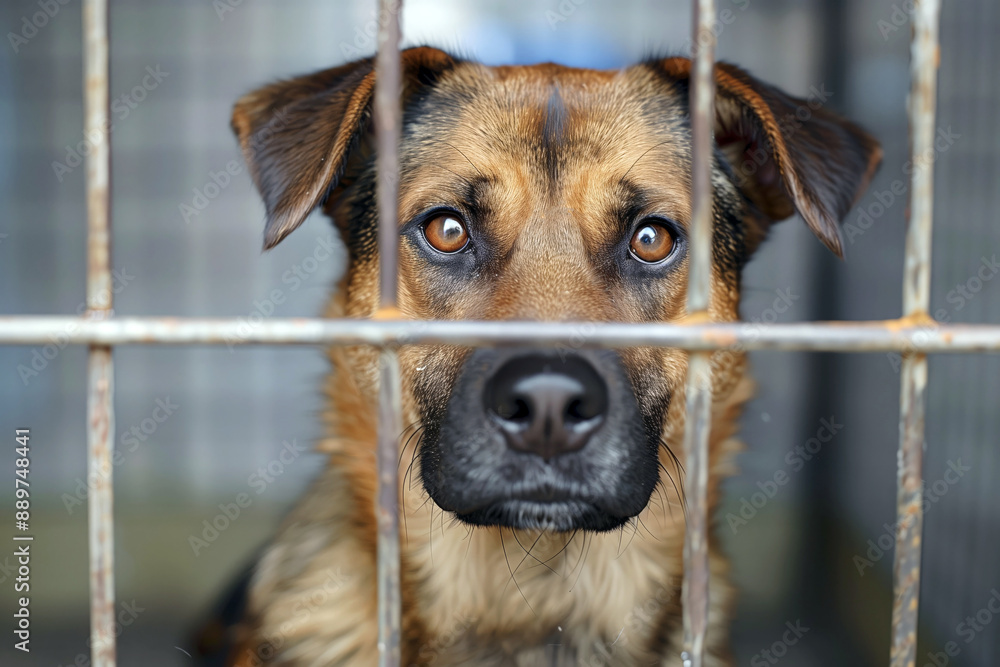 A sad homeless dog behind bars in a cage at a homeless animal shelter ...