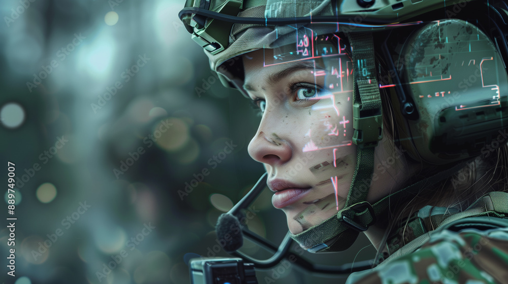 Female soldier wearing a headset with an augmented reality display ...