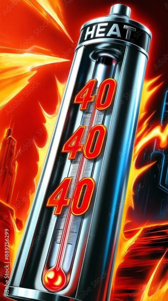 Thermometer showing extreme heat with red flames and high temperature ...