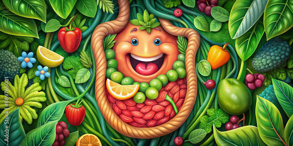 Colorful illustration of a thriving digestive system with vibrant gut ...