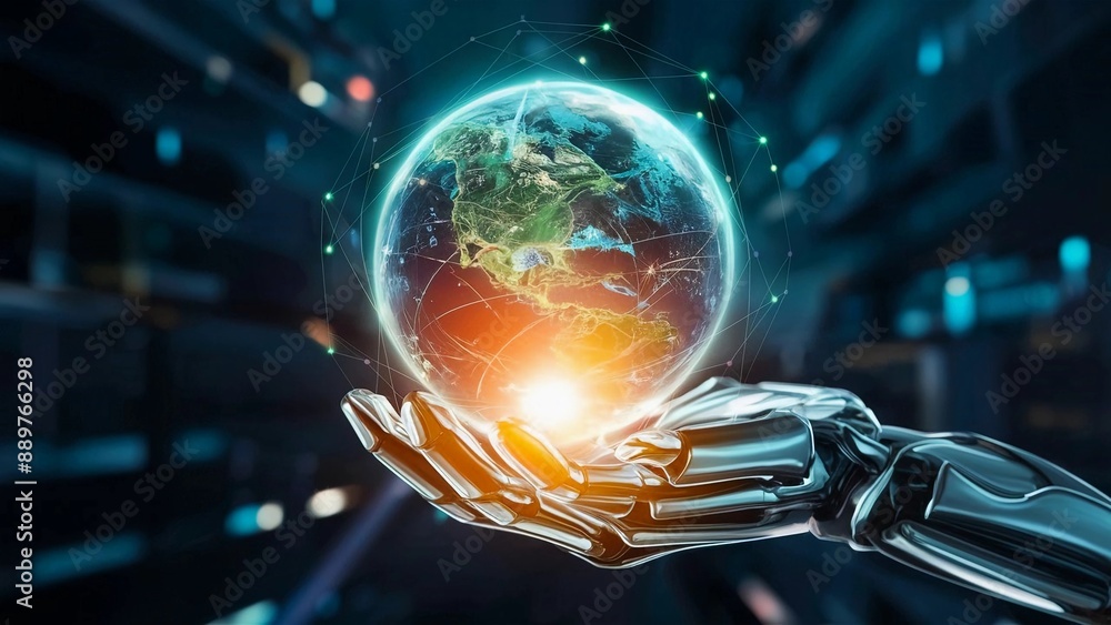 AI and Climate Change: Robotic Hand Holding Digital Earth. Symbolizing ...